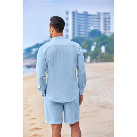 Shorts | Mens Linen Sets 2 Piece Button Down Shirt Long Sleeve And ...